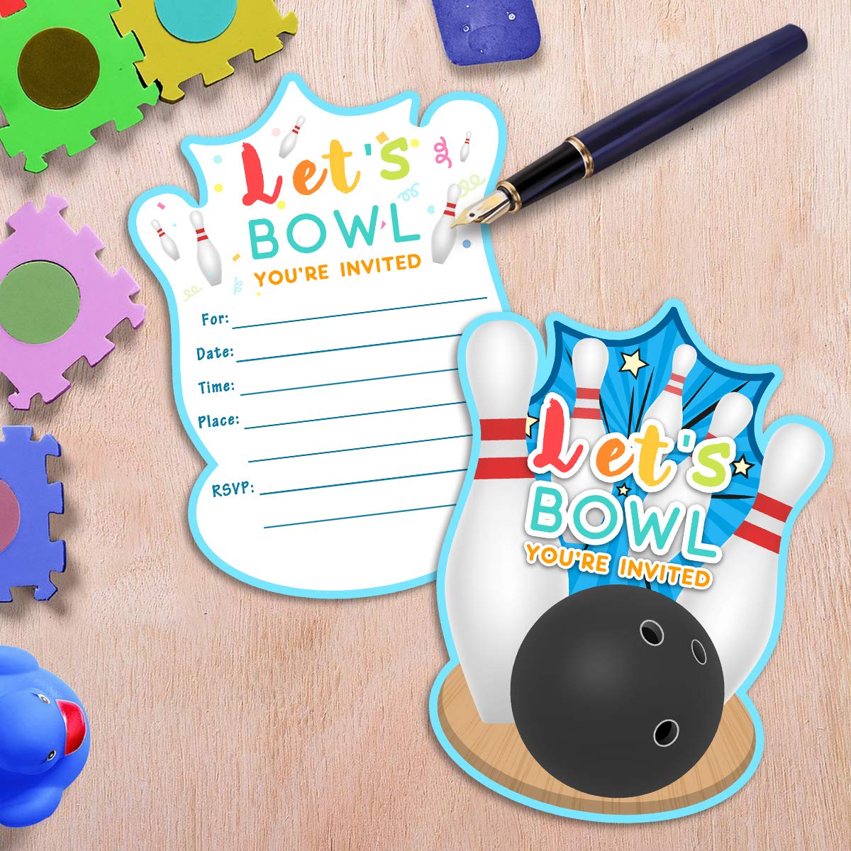 Yangmics Direct 30 Bowling Birthday Party Invitations with Envelopes-Double Sided -Shaped Fill-in Invitations