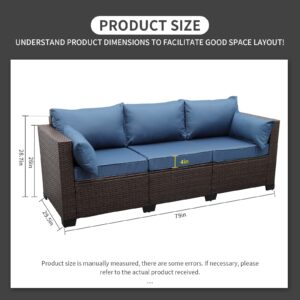 Rattaner 3-Seat Patio Wicker Sofa, Outdoor Rattan Couch Furniture Steel Frame with Furniture Cover and Deep Seat High Back, Blue Anti-Slip Cushion.