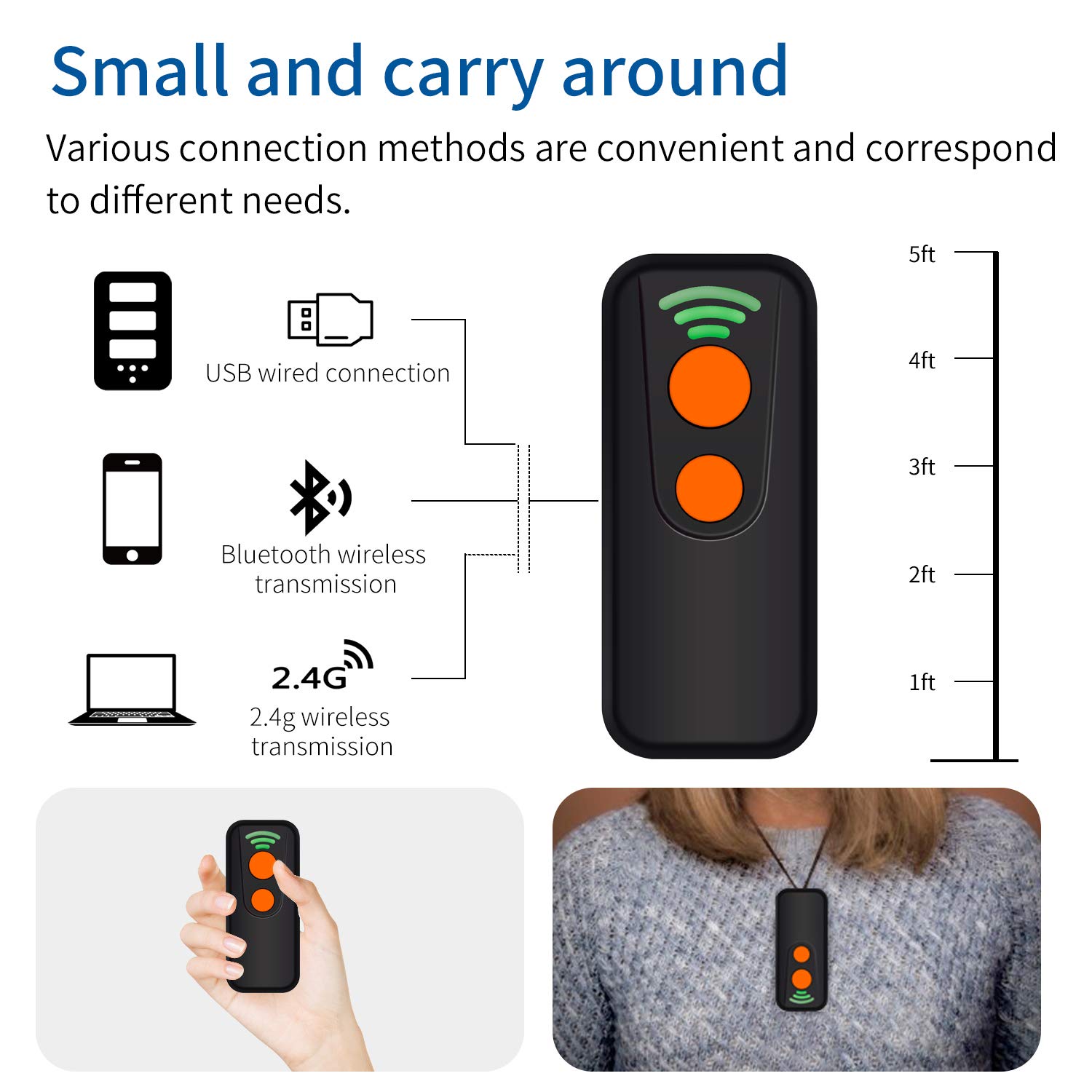 1D 2D Bluetooth Wireless Barcode Scanner,Symcode Portable QR Handheld Mini Barcode Reader for Windows,Android,iOS,Mac.Able to Scan Codes on Screen