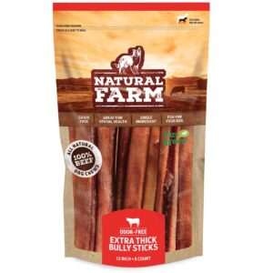 natural farm odor free jumbo bully sticks (12 inch, 5 pack), extra-thick chews for dogs, fully digestible 100% beef treats, supports dental health, keep your dog busy with 50% longer lasting chews…