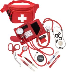 asa techmed lifeguard fanny pack with aneroid sphygmomanometer manual blood pressure cuff, stethoscope, cpr shield, emt shear, nurse watch and accessories red first aid kit