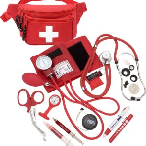 ASA TECHMED Lifeguard Fanny Pack with Aneroid Sphygmomanometer Manual Blood Pressure Cuff, Stethoscope, CPR Shield, EMT Shear, Nurse Watch and Accessories Red First Aid Kit