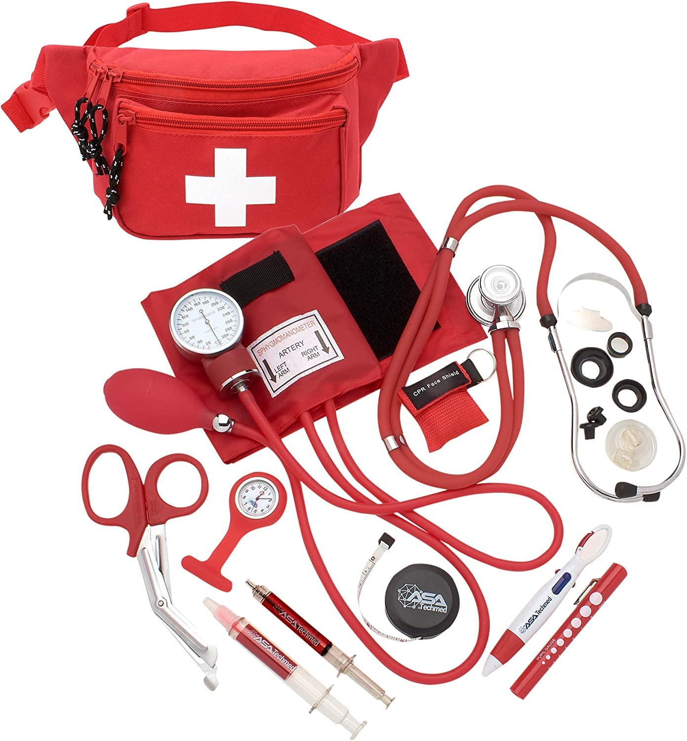 ASA TECHMED Lifeguard Fanny Pack with Aneroid Sphygmomanometer Manual Blood Pressure Cuff, Stethoscope, CPR Shield, EMT Shear, Nurse Watch and Accessories Red First Aid Kit