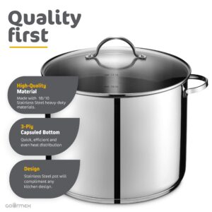 GOURMEX 21-Quart Induction Stock Pot | Stainless Steel Soup Pot with See Through Lid Glass Lid | Grade Heavy Duty Large Stockpot | Compatible with All Heat Sources | Dishwasher Safe