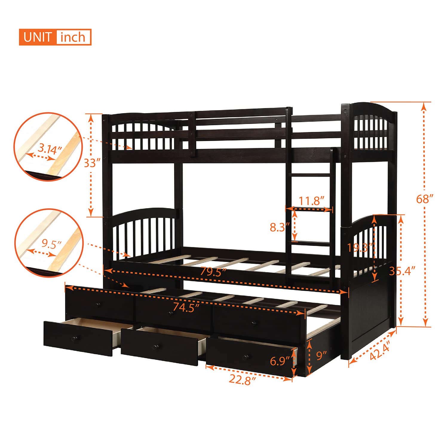 Harper & Bright Designs Wood Bunk Beds Twin Over Twin with Trundle and Storage Drawers Hardwood Bunk Bed Frame for Adults Kids Boys Girls Teens, (Espresso)