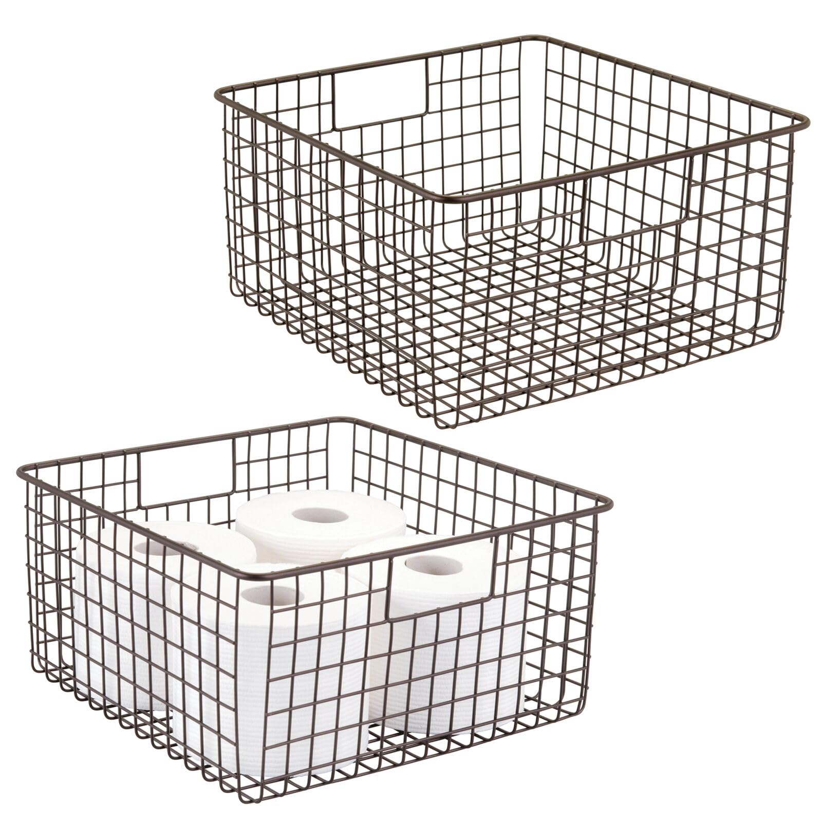 mDesign Metal Wire Bathroom Storage Basket Organizer with Handles - Organize Master/Guest Bathrooms, Linen, Hallway, or Entryway Closets, Bedroom, Laundry Room, Concerto Collection - 2 Pack - Bronze