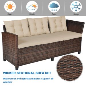 Tangkula Patio Furniture Set, 3 Pieces Outdoor Conversation Set with 6 Cushioned Seat & Coffee Table, Rattan Couch Set for Balcony, Garden, Lawn, Poolside and Backyard (Brown)