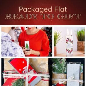 FLATYZ Handmade Christmas Candle - White & Red Tree | Unscented, Drip-Resistant & Smoke-Free 2 Wick Candle for Home & Room Decor | Hand Painted Flat Decorative Candles | Steel Stand Included