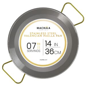 machika stainless steel paella pan | cooking pan | stainless steel skillet for paella and rice recipes | stainless steel valencian paella pan with gold handles | 7 servings | 14 inches |