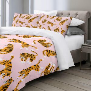 Sleepwish Cute Duvet Cover Cartoon Tigers Pattern Bedding for Kids Teen Girls Boys 3pc Big Cat Animal Bed Set Pink (King)