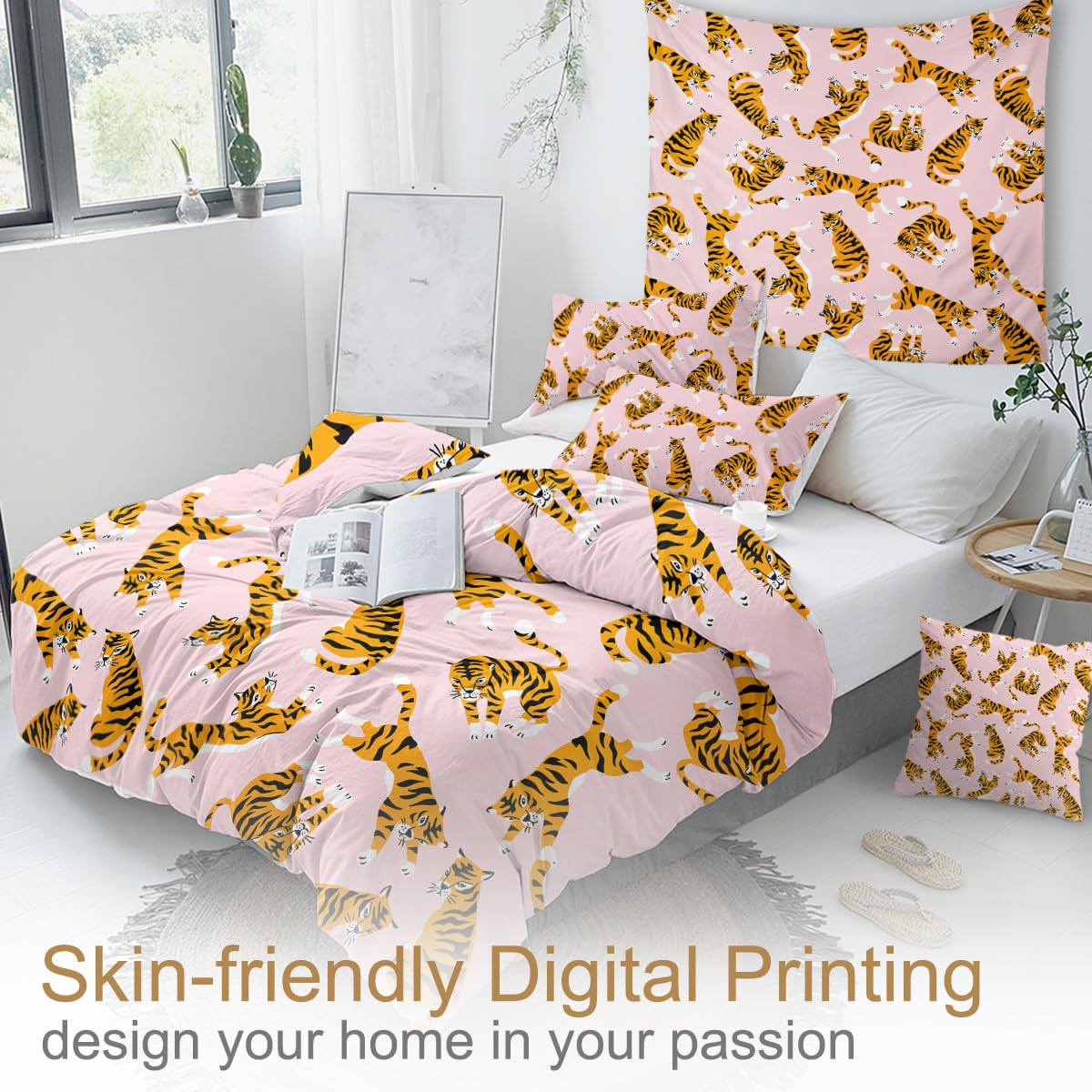 Sleepwish Cute Duvet Cover Cartoon Tigers Pattern Bedding for Kids Teen Girls Boys 3pc Big Cat Animal Bed Set Pink (King)