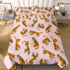 sleepwish cute duvet cover cartoon tigers pattern bedding for kids teen girls boys 3pc big cat animal bed set pink (king)