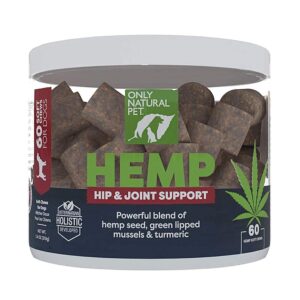 only natural pet hemp hip & joint support for dogs - supplement for mobility wellness pain relief healthy inflammatory & bone stiffness - chews w/fatty acid blend mussels & turmeric - 60 count