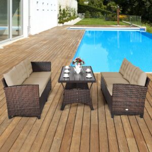 Tangkula Patio Furniture Set, 3 Pieces Outdoor Conversation Set with 6 Cushioned Seat & Coffee Table, Rattan Couch Set for Balcony, Garden, Lawn, Poolside and Backyard (Brown)