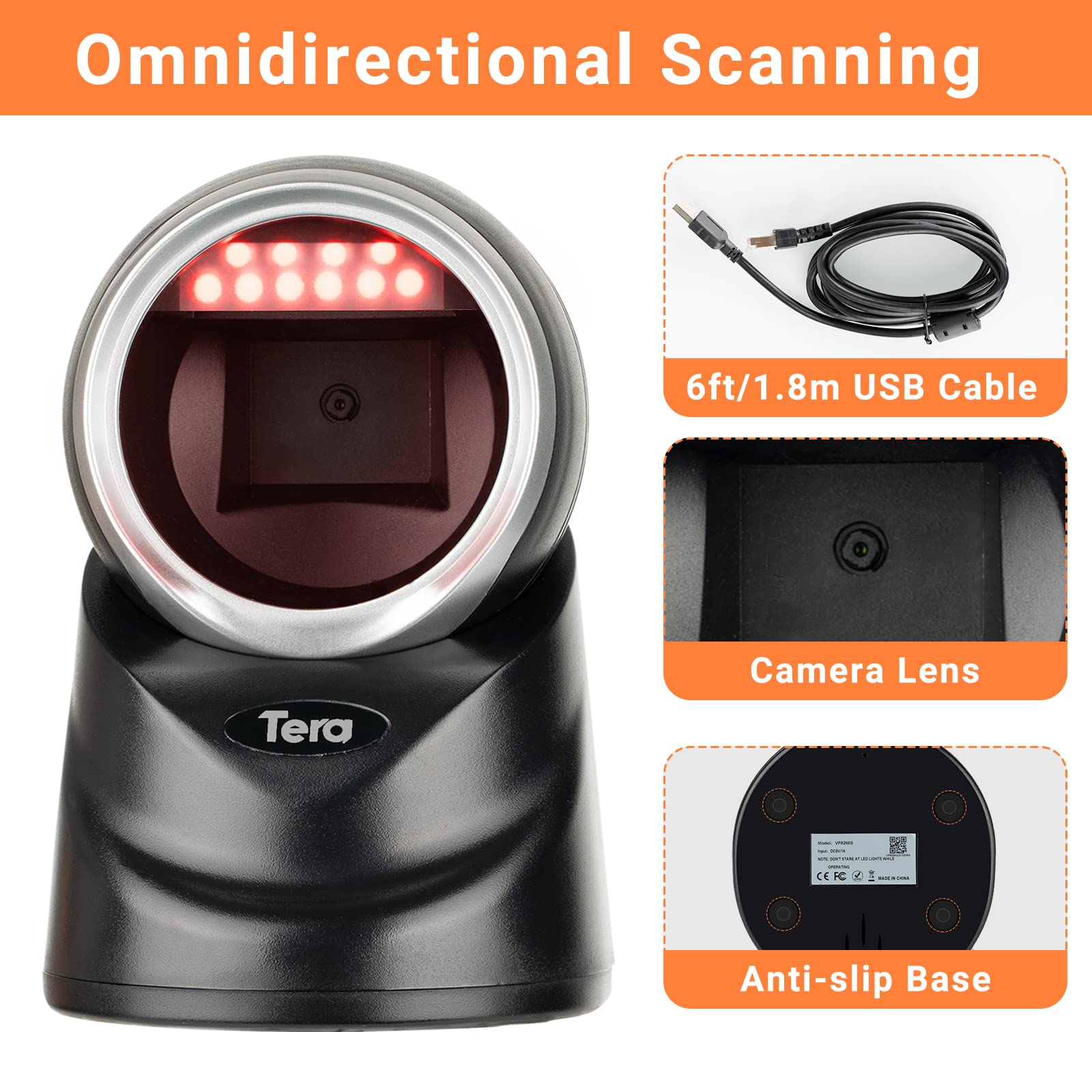 Tera Pro Omnidirectional Barcode Scanner 2D QR Desktop Handsfree, Adjustable Scan Head, Wired Automatic Platform Scanner with USB Cable for Market Retail Store Mobile Screen Payment