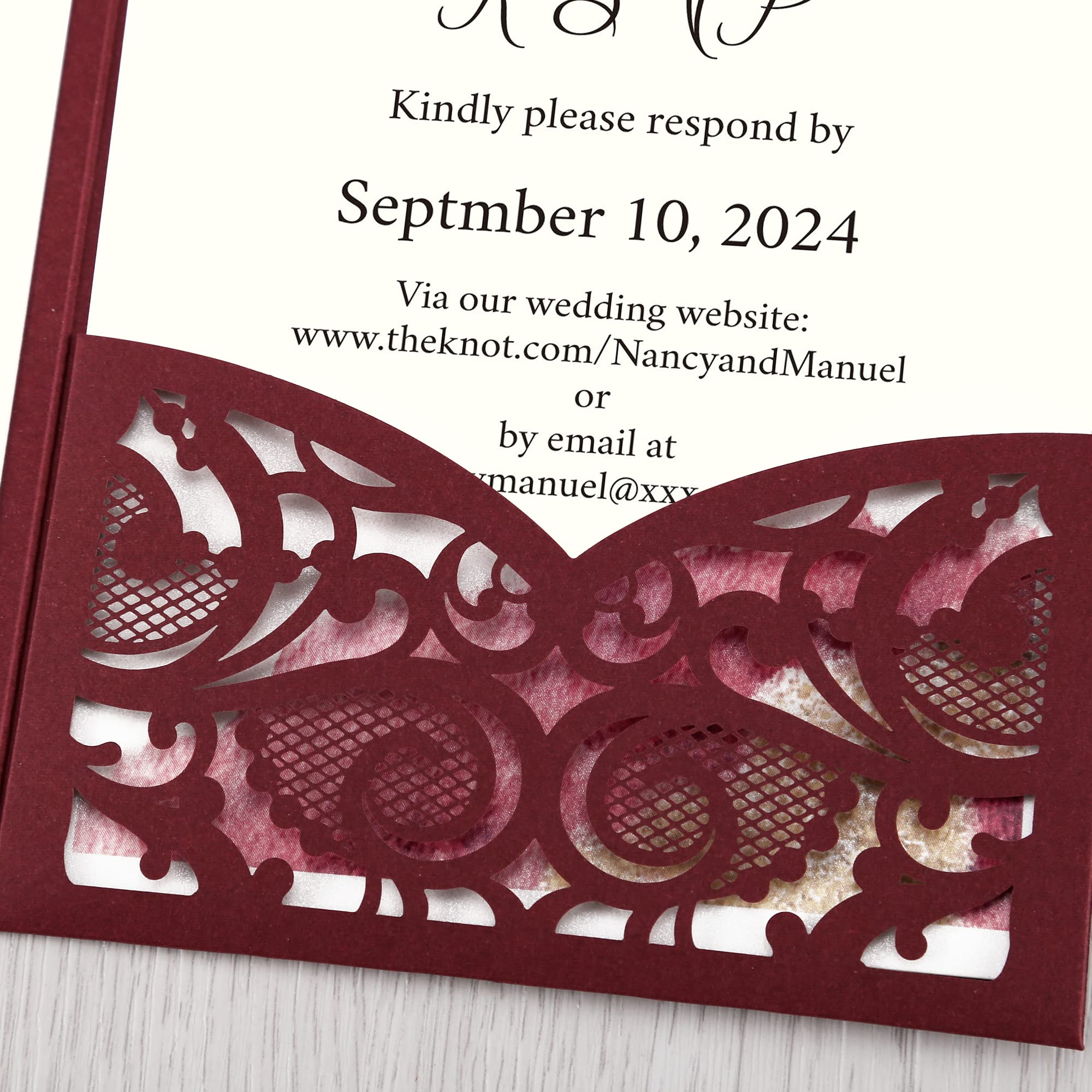 DORIS HOME 50PCS Laser Cut Wedding Invitations with Envelopes and RSVP Cards BLANK Inner With Gold Glitter Belly Band for Wedding Engagement Bridal Shower Party Invite 4.7x7 Inch Burgundy