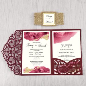 DORIS HOME 50PCS Laser Cut Wedding Invitations with Envelopes and RSVP Cards BLANK Inner With Gold Glitter Belly Band for Wedding Engagement Bridal Shower Party Invite 4.7x7 Inch Burgundy