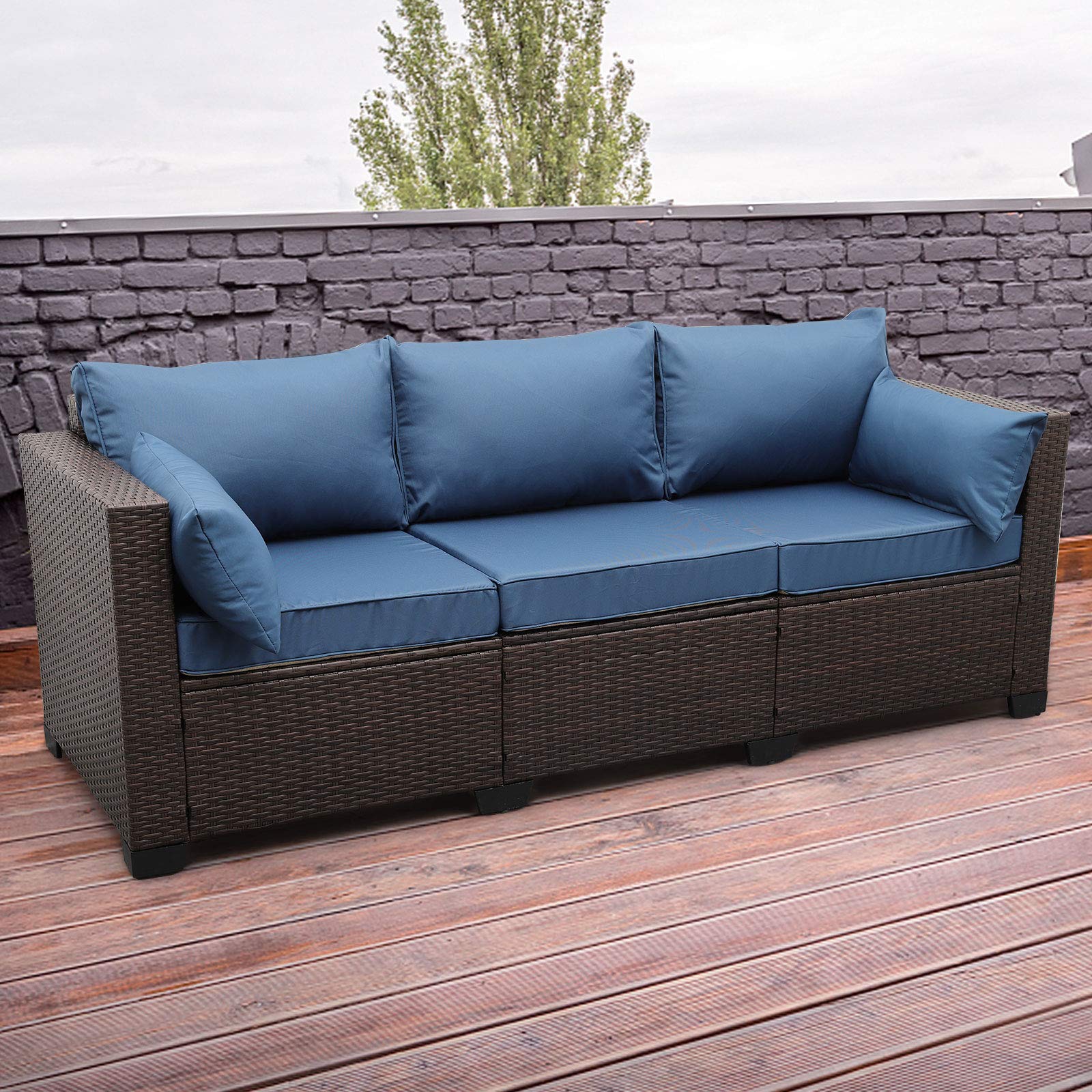 Rattaner 3-Seat Patio Wicker Sofa, Outdoor Rattan Couch Furniture Steel Frame with Furniture Cover and Deep Seat High Back, Blue Anti-Slip Cushion.