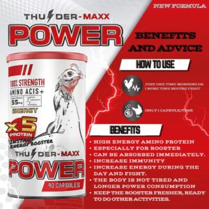 Thunder New Max Vitamins Health Supplement Capsules Rooster Booster Chicken Increasing Energy Formula Feed Cock Fighting Gamecocks, Good Breeding, Stronger & More Power, Healthy 90 Capsules Hen Food