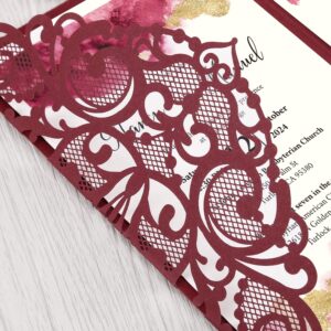 DORIS HOME 50PCS Laser Cut Wedding Invitations with Envelopes and RSVP Cards BLANK Inner With Gold Glitter Belly Band for Wedding Engagement Bridal Shower Party Invite 4.7x7 Inch Burgundy