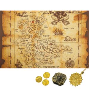 gejoy halloween detailed treasure map pirate map gold secret sea historical theme home decoration, pirate toy compass necklace plastic coins pirate theme party supplies