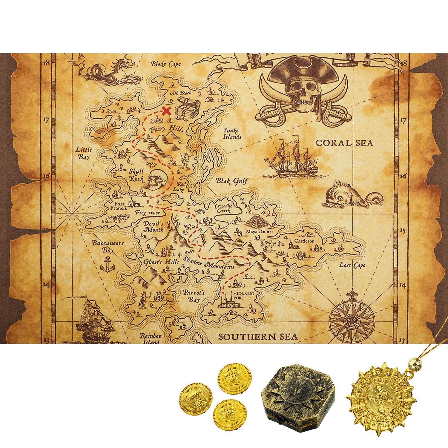 Gejoy Halloween Detailed Treasure Map Pirate Map Gold Secret Sea Historical Theme Home Decoration, Pirate Toy Compass Necklace Plastic Coins Pirate Theme Party Supplies