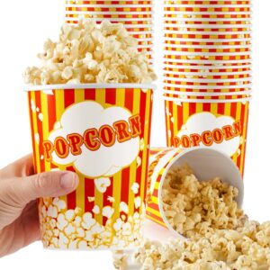 32 oz popcorn buckets, disposable popcorn containers (50 count), large cups, cardboard bucket for family movie night, popcorn tub, vintage bowls for concession stand, carnival supplies