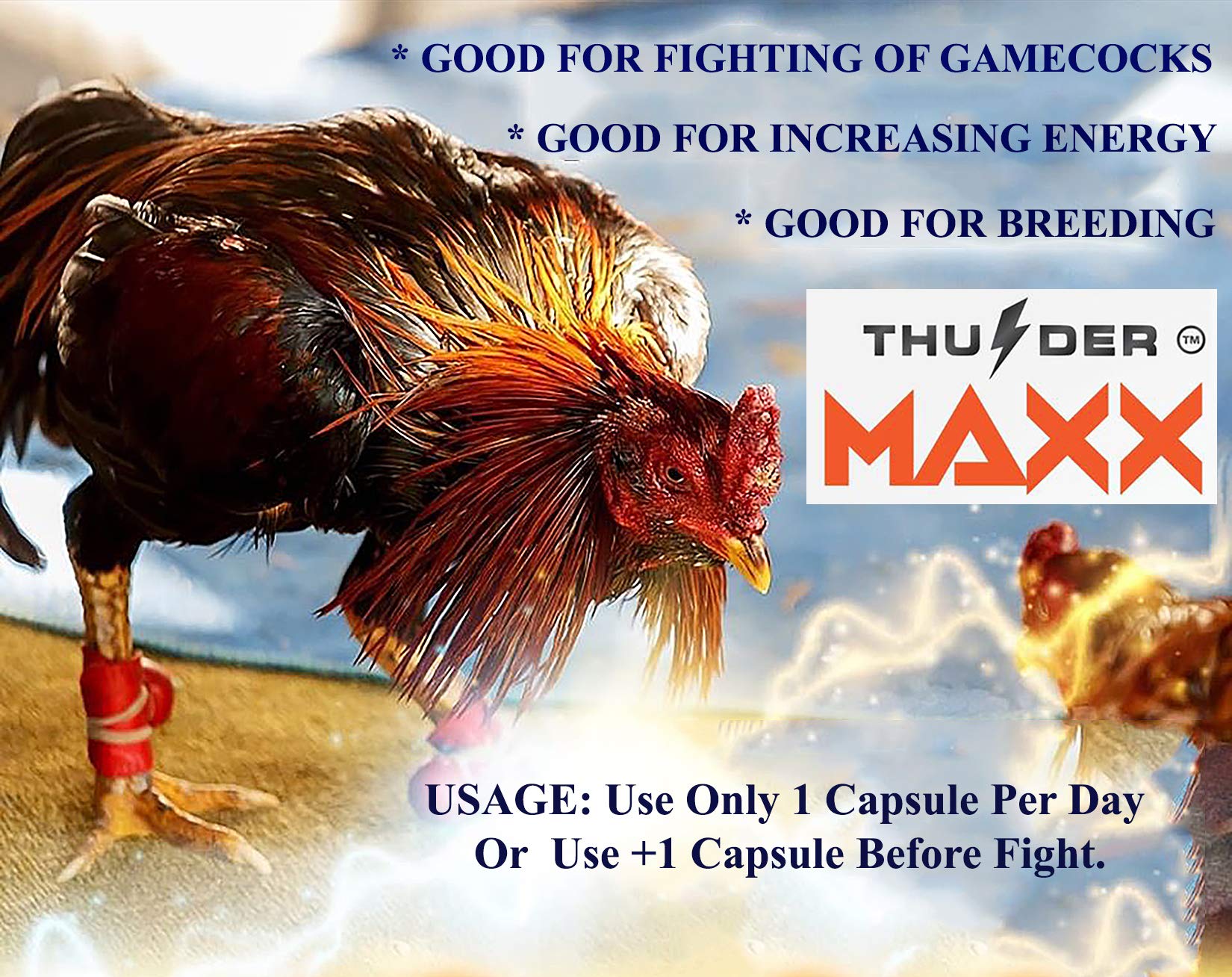 Thunder New Max Vitamins Health Supplement Capsules Rooster Booster Chicken Increasing Energy Formula Feed Cock Fighting Gamecocks, Good Breeding, Stronger & More Power, Healthy 90 Capsules Hen Food