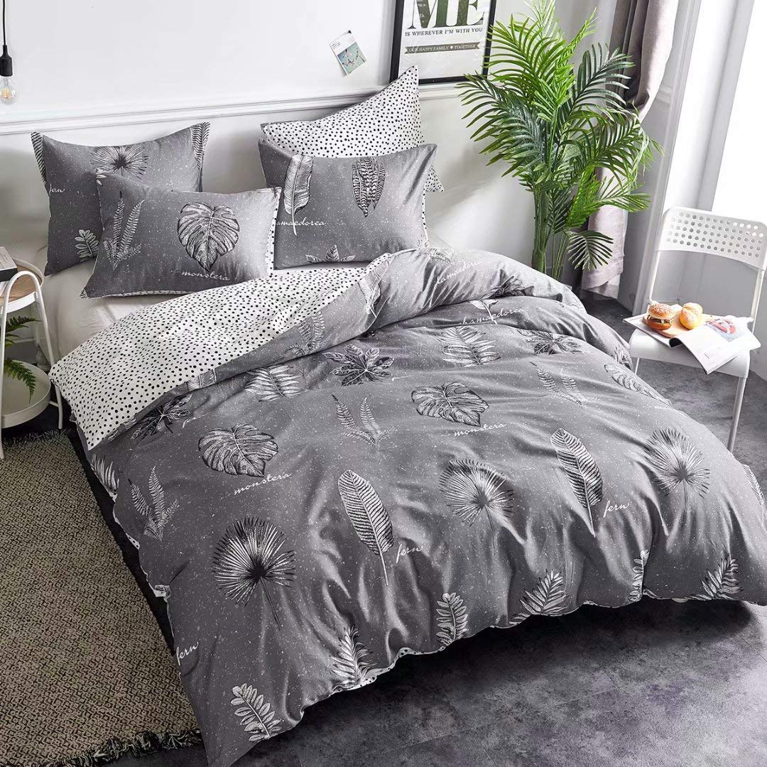 Bedding Duvet Cover Set,100% Cotton Bedding,Exquisite Leaf Printed Duvet Cover with Zipper Closure and 2 Pillow Cases,Queen Size