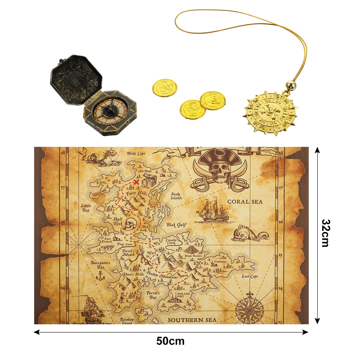 Gejoy Halloween Detailed Treasure Map Pirate Map Gold Secret Sea Historical Theme Home Decoration, Pirate Toy Compass Necklace Plastic Coins Pirate Theme Party Supplies