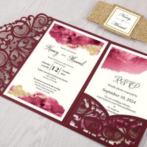 DORIS HOME 50PCS Laser Cut Wedding Invitations with Envelopes and RSVP Cards BLANK Inner With Gold Glitter Belly Band for Wedding Engagement Bridal Shower Party Invite 4.7x7 Inch Burgundy