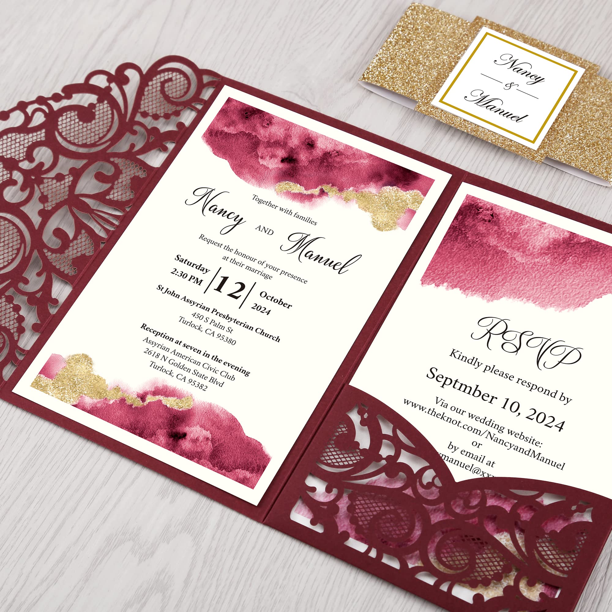 DORIS HOME 50PCS Laser Cut Wedding Invitations with Envelopes and RSVP Cards BLANK Inner With Gold Glitter Belly Band for Wedding Engagement Bridal Shower Party Invite 4.7x7 Inch Burgundy