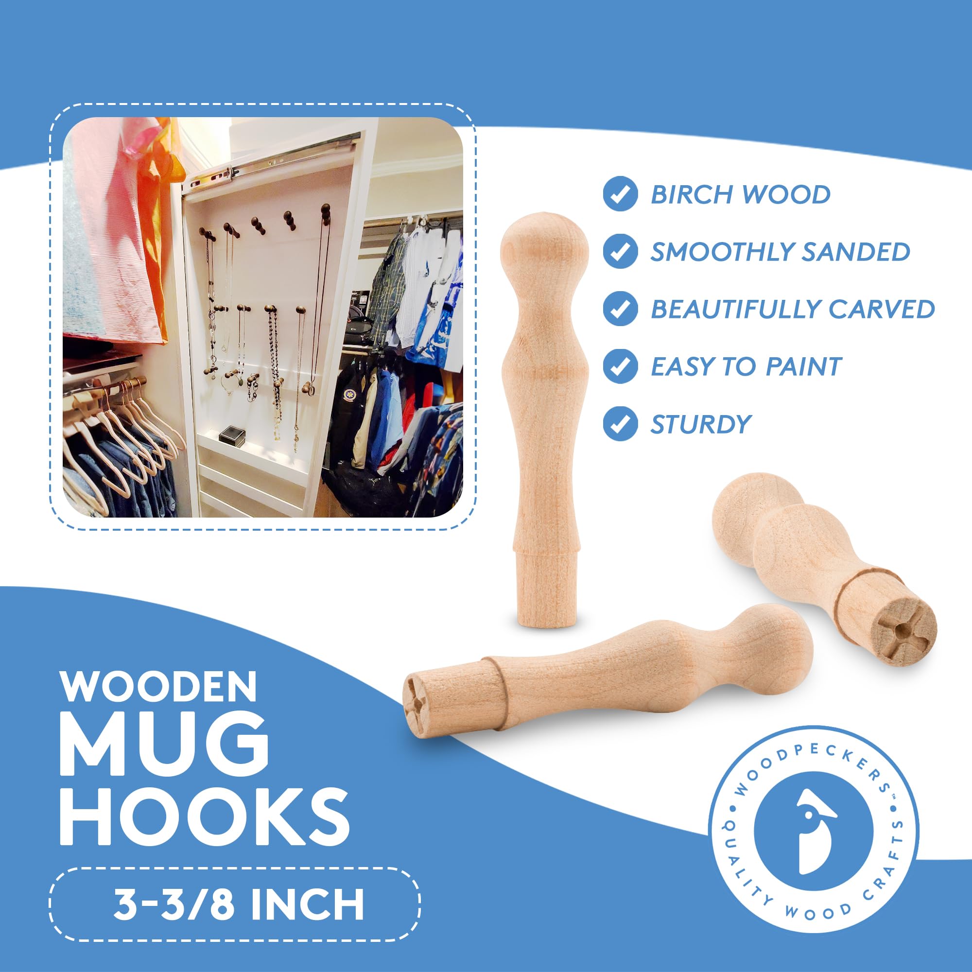 Mug Hooks, 3-3/8 inch Unfinished Wood Pegs for Hanging, Hook Racks, and Crafts, Pack of 10 Decorative Wooden Wall Hooks, by Woodpeckers