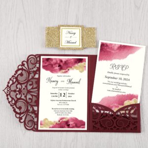 DORIS HOME 50PCS Laser Cut Wedding Invitations with Envelopes and RSVP Cards BLANK Inner With Gold Glitter Belly Band for Wedding Engagement Bridal Shower Party Invite 4.7x7 Inch Burgundy