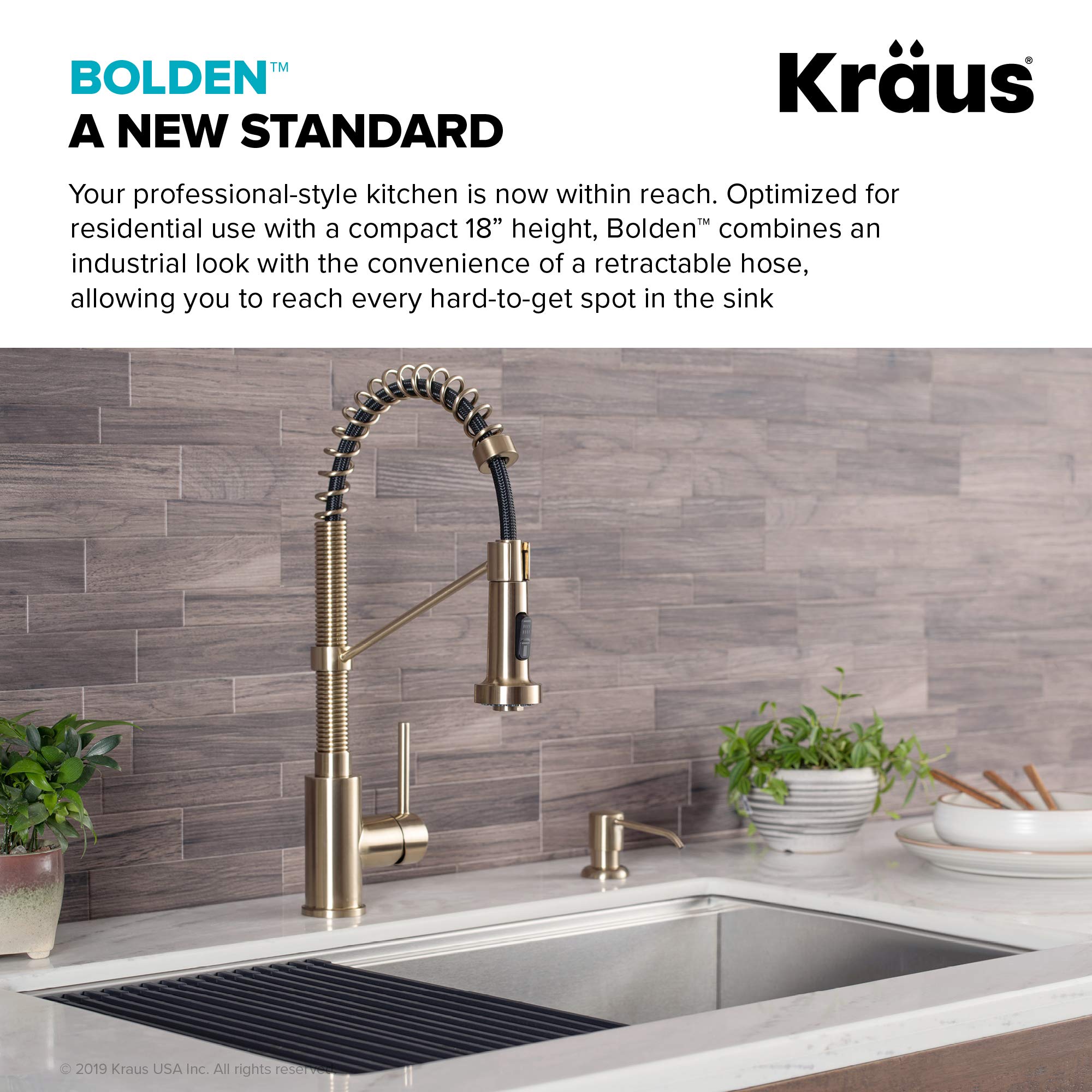 KRAUS Bolden Commercial Style 2-Function Single Handle Pull Down Kitchen Faucet in Brushed Gold, KPF-1610BG