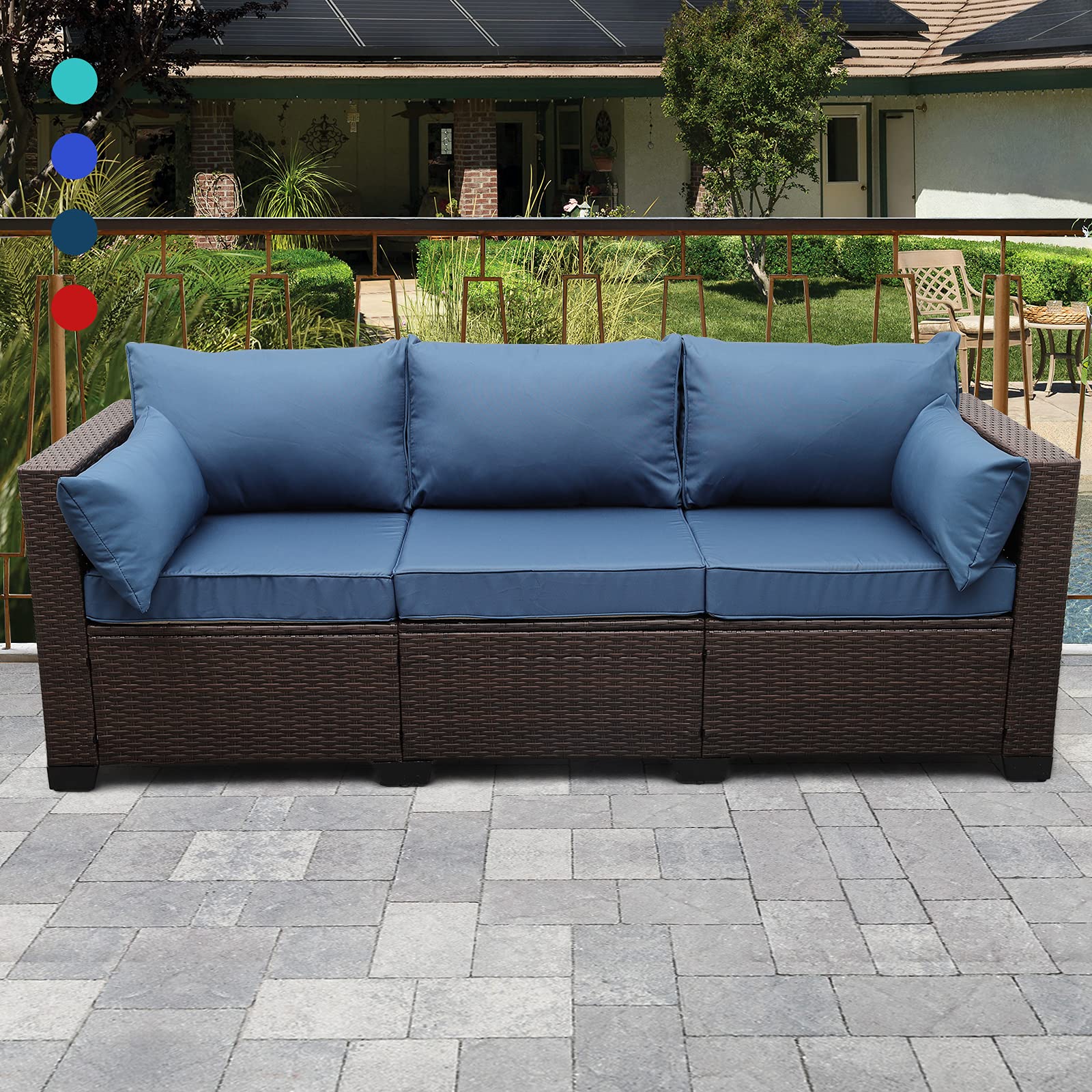 Rattaner 3-Seat Patio Wicker Sofa, Outdoor Rattan Couch Furniture Steel Frame with Furniture Cover and Deep Seat High Back, Blue Anti-Slip Cushion.