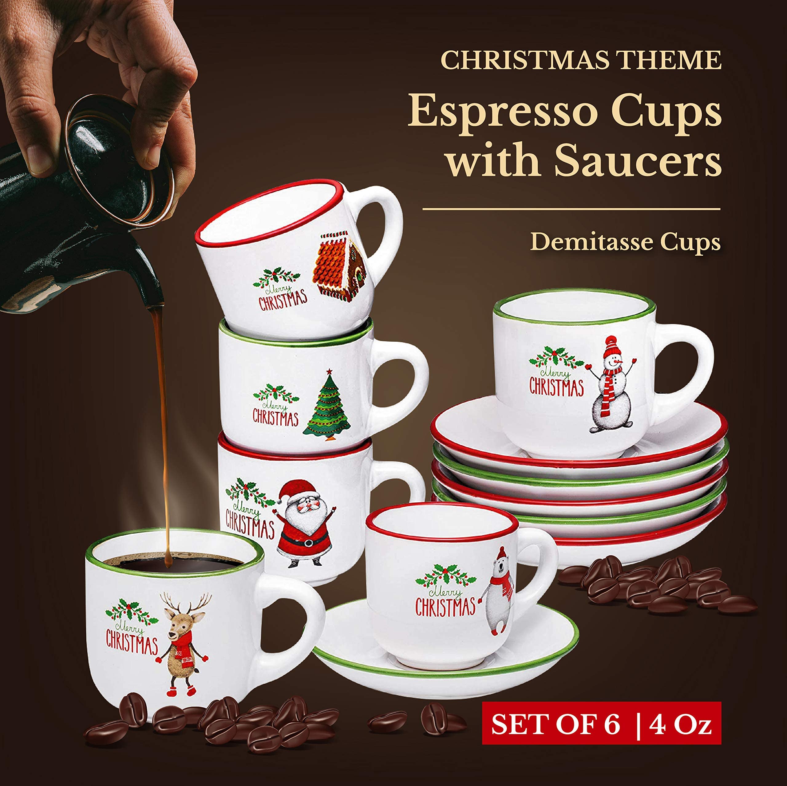 Bruntmor Gift Choice: Espresso Cups And Saucers Set Of 4. Small 4 Ounce Stackable Espresso Cups With Rack. Stacking Espresso Coffee Cup Of 4. Theme, 4 Oz