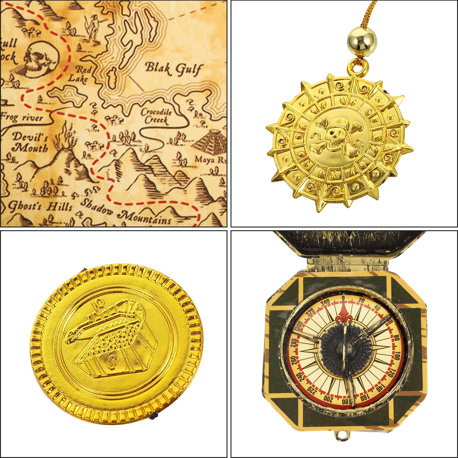 Gejoy Halloween Detailed Treasure Map Pirate Map Gold Secret Sea Historical Theme Home Decoration, Pirate Toy Compass Necklace Plastic Coins Pirate Theme Party Supplies