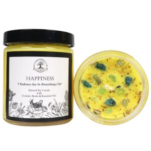 happiness soy affirmation candle by art of the root | natural soy wax | infused with blue-green apatite crystals | wiccan, pagan, meditation & magick | aromatherapy, joy, positive energy