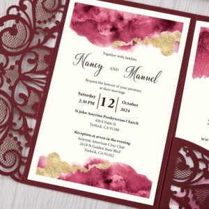 DORIS HOME 50PCS Laser Cut Wedding Invitations with Envelopes and RSVP Cards BLANK Inner With Gold Glitter Belly Band for Wedding Engagement Bridal Shower Party Invite 4.7x7 Inch Burgundy