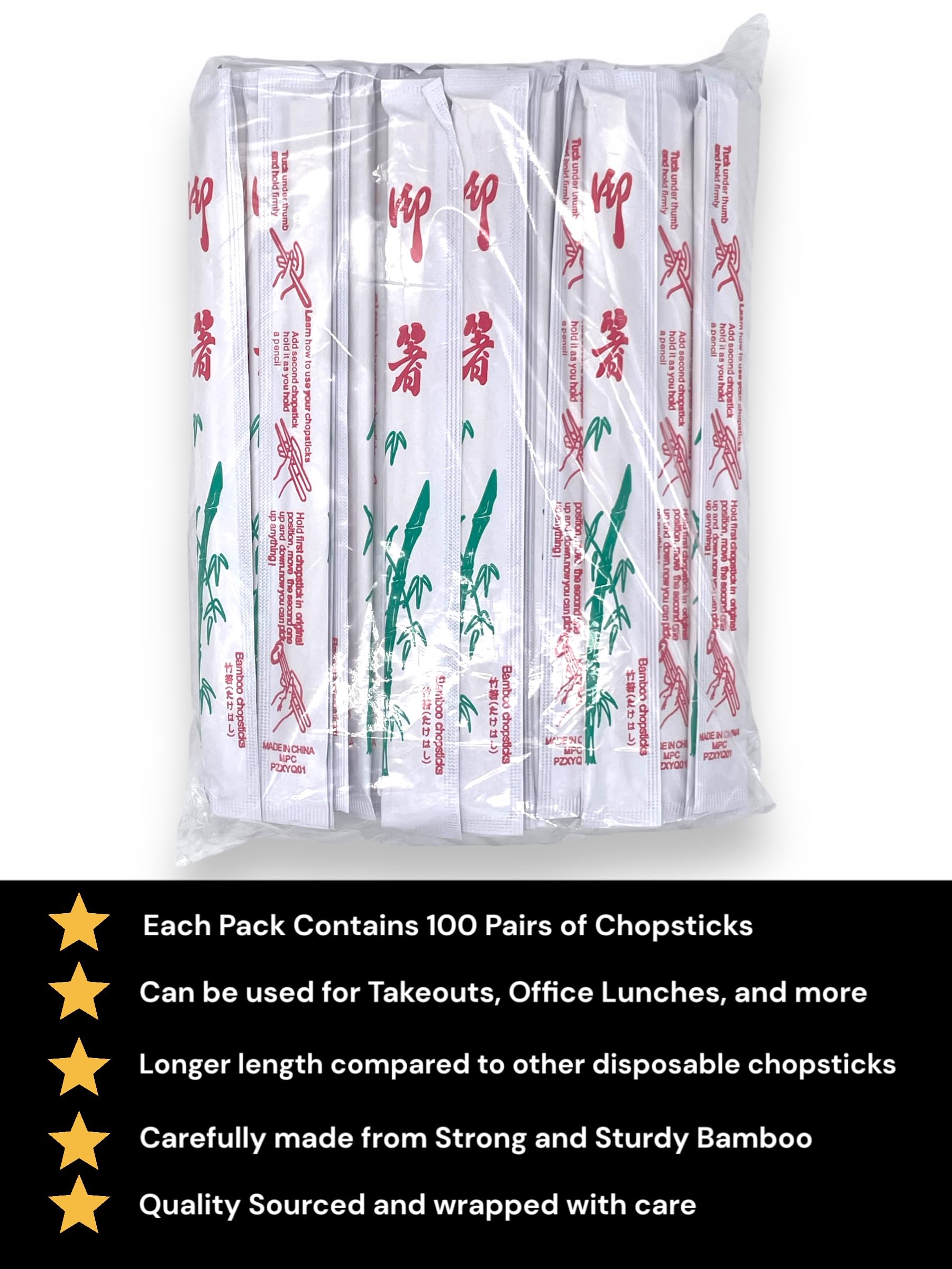 Chinese Bamboo Disposable Chopsticks - Pack of 100 Pairs, 9" long, Has Directions on the Back of Each Pair! Great for Everyone and Food Service Customers!