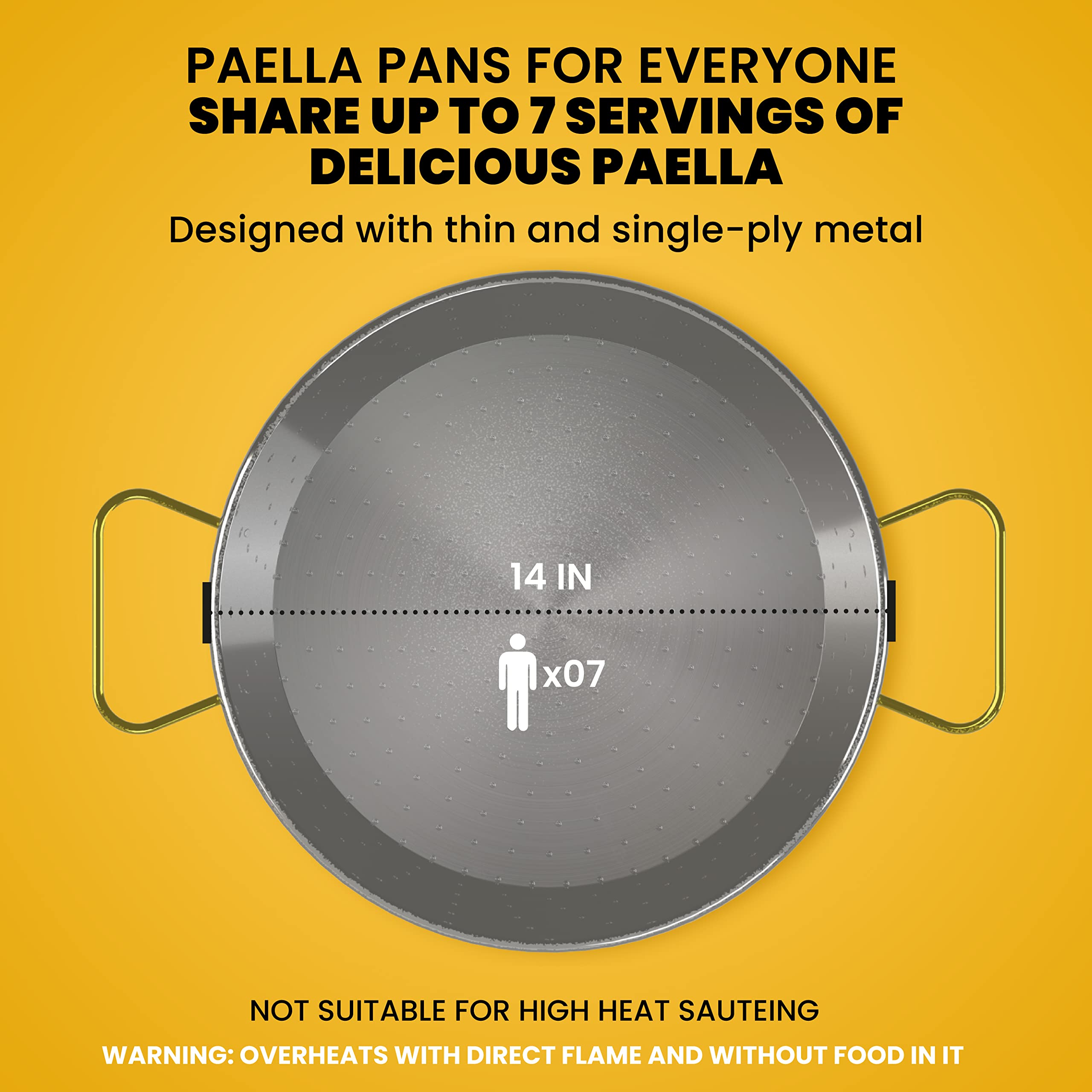 Machika Stainless Steel Paella Pan | Cooking Pan | Stainless Steel Skillet for Paella and Rice Recipes | Stainless Steel Valencian Paella Pan with Gold Handles | 7 Servings | 14 inches |