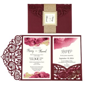 doris home 50pcs laser cut wedding invitations with envelopes and rsvp cards blank inner with gold glitter belly band for wedding engagement bridal shower party invite 4.7x7 inch burgundy