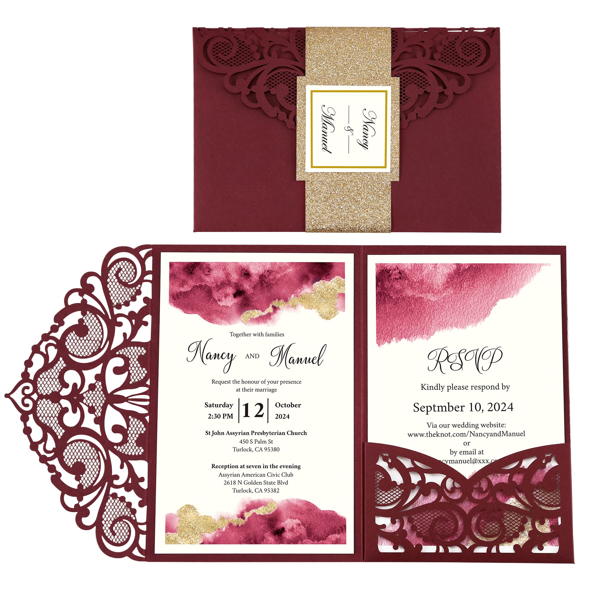 DORIS HOME 50PCS Laser Cut Wedding Invitations with Envelopes and RSVP Cards BLANK Inner With Gold Glitter Belly Band for Wedding Engagement Bridal Shower Party Invite 4.7x7 Inch Burgundy