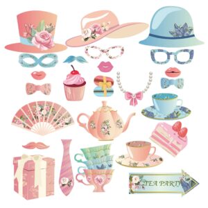 anor wishlife tea photo booth props,alice in wonderland,mad hatter,vintage style,teacup,teapot,garden photo booth props(25ct),tea party decorations with stick