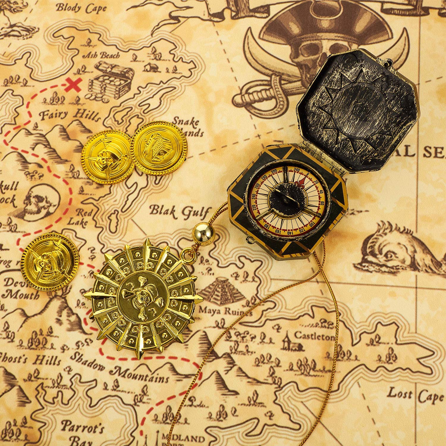 Gejoy Halloween Detailed Treasure Map Pirate Map Gold Secret Sea Historical Theme Home Decoration, Pirate Toy Compass Necklace Plastic Coins Pirate Theme Party Supplies