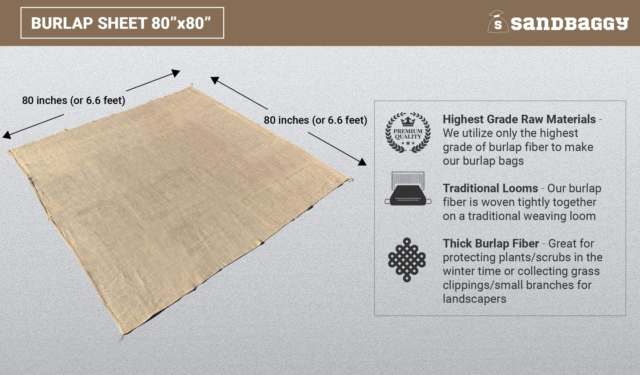 Sandbaggy Burlap Square 80 inch x 80 inch - for Landscaping, Construction, Decor, Tablecloth (1000 Sheets)