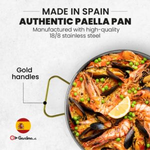 Machika Stainless Steel Paella Pan | Cooking Pan | Stainless Steel Skillet for Paella and Rice Recipes | Stainless Steel Valencian Paella Pan with Gold Handles | 7 Servings | 14 inches |