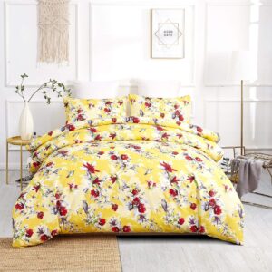 dada bedding radiant sunshine yellow floral duvet cover - hummingbirds red flowers garden w/pillow cases - bright vibrant multi-colorful very soft comforter cover w/corner ties - queen - 3-pieces