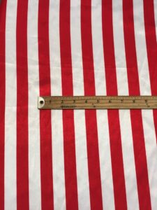 sal tex fabrics, white/red 1 inch stripe soft/silky satin polyester fabric, sells by the yard.